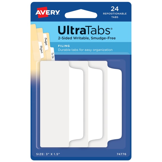 Avery® Ultra Tabs®, White, 3" x 1.5", 24 Repositionable Filing Tabs, 2-Sided Writable (74776 ...